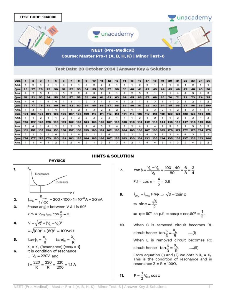 Answer Key - Master Pro-1 (ABHK) - 20-10-2024 | PDF | Electromagnetic ...