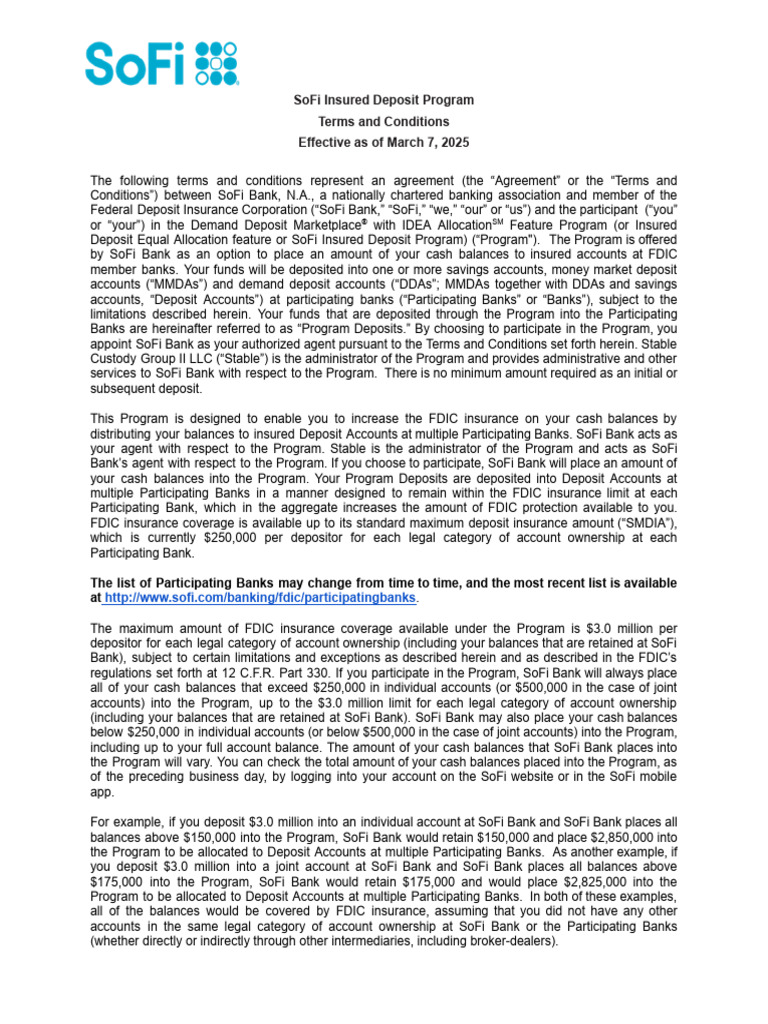 SoFi Insured Deposit Program Terms March 7 2025 PDF | PDF | Banks ...