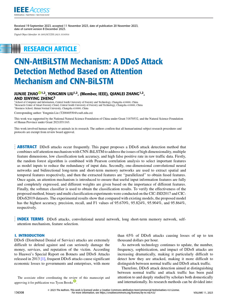 CNN-AttBiLSTM Mechanism A DDoS Attack Detection Method Based On Attention Mechanism and CNN ...