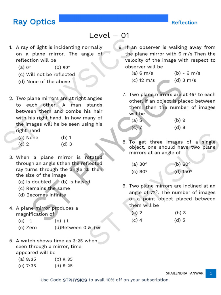 Ray Optics DPP | PDF | Mirror | Reflection (Physics)