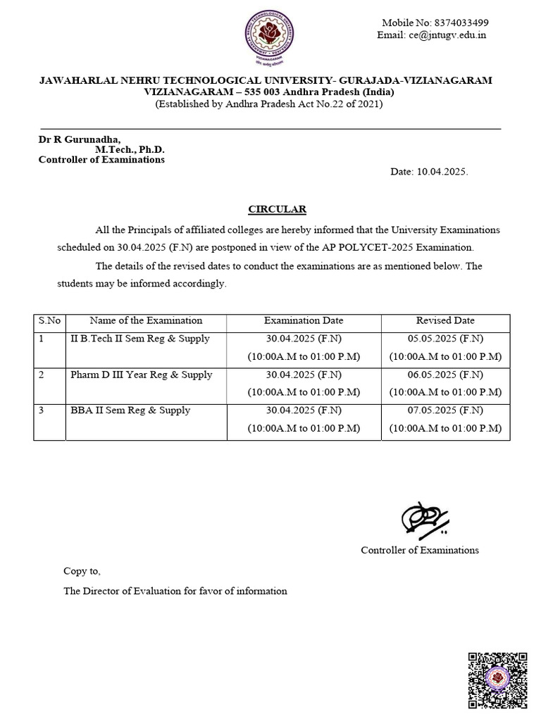 JNTU-GV Circular Regarding Postponement of Examinations 10042025 | PDF