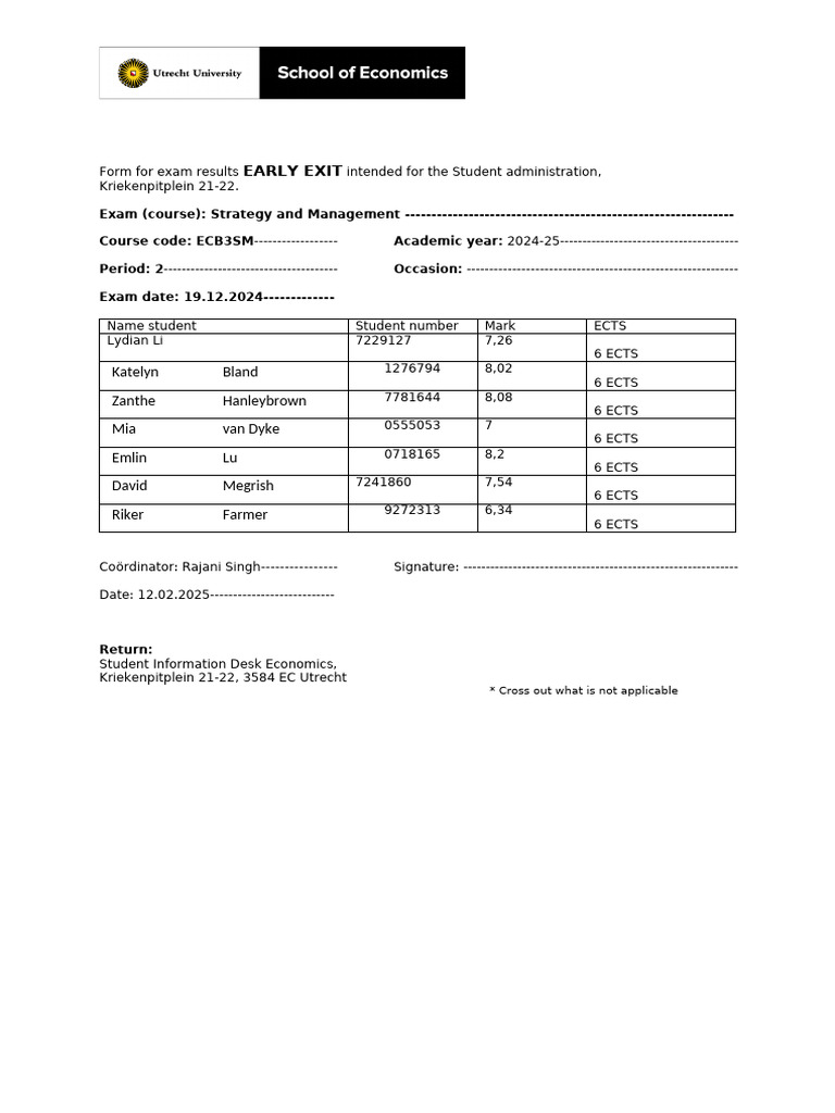 Early Exit Exam Results 2024-25 | PDF