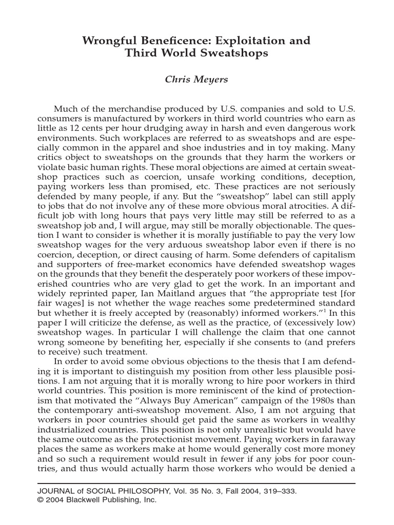 Wrongful Beneficence- Exploitation and Third World Sweatshops | PDF ...