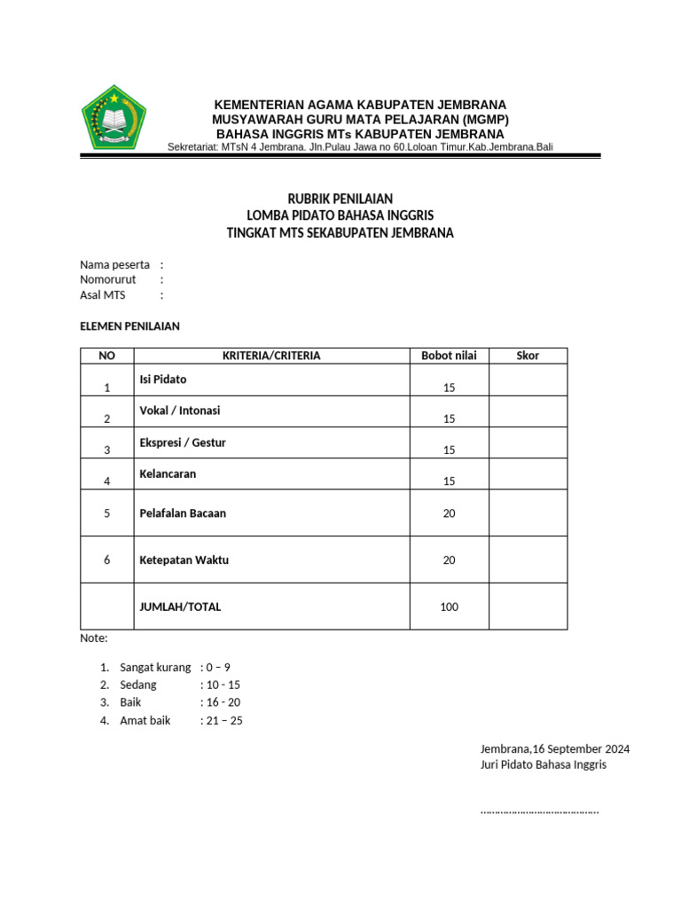 Rubrik Penilaian Lomba Pidato Mts Pdf