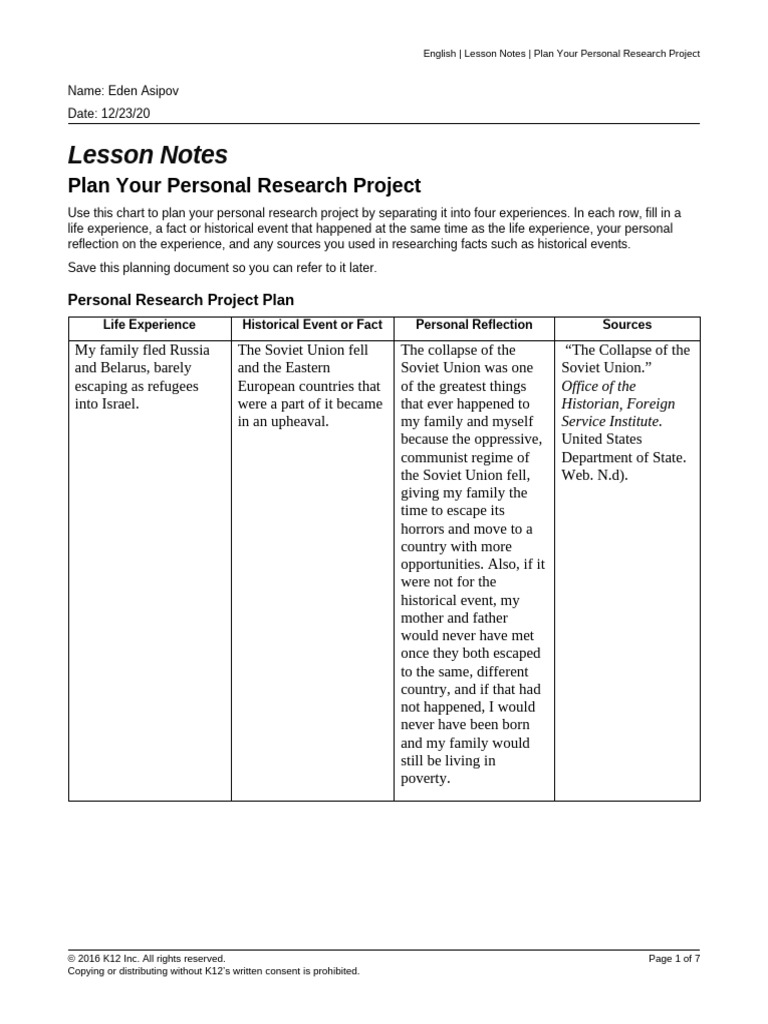 Personal Research Project Planning Guide | PDF | Dissolution Of The ...