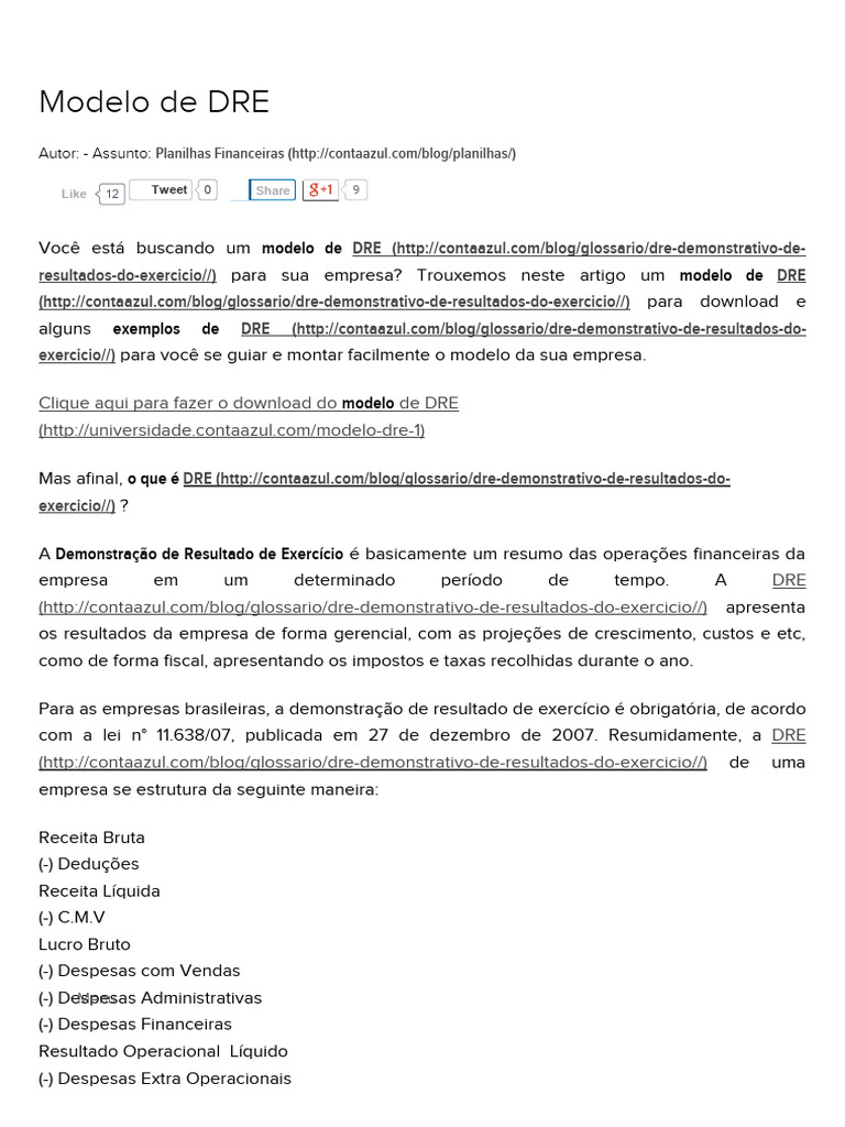 Modelo de DRE - Download _ ContaAzul | PDF | Declaração de renda