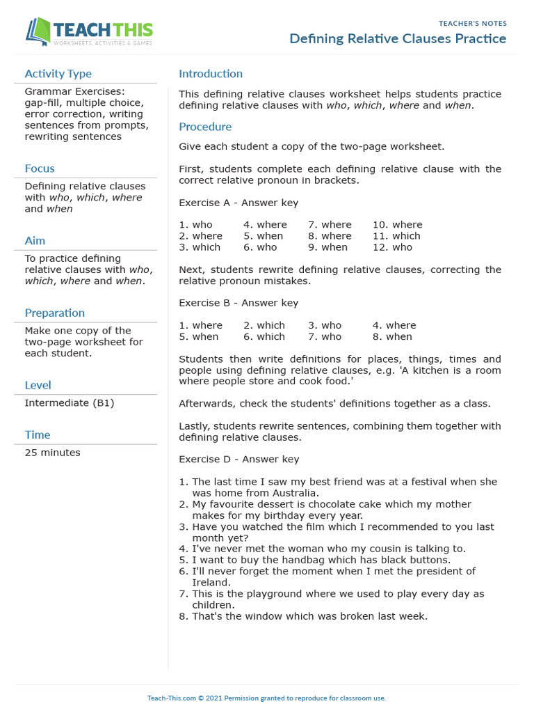 Defining Relative Clauses Practice | PDF | Clause | Sentence (Linguistics)