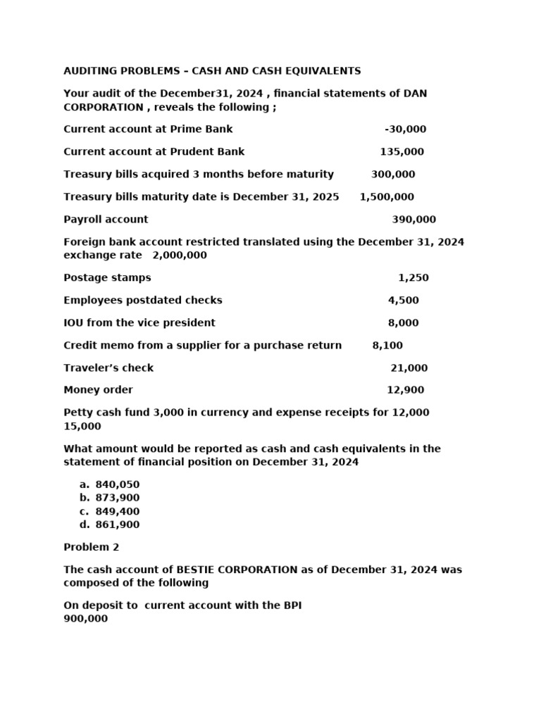 Auditing Problems Cash and Cash Equivalents Exercises | PDF | Banks | Transaction Account