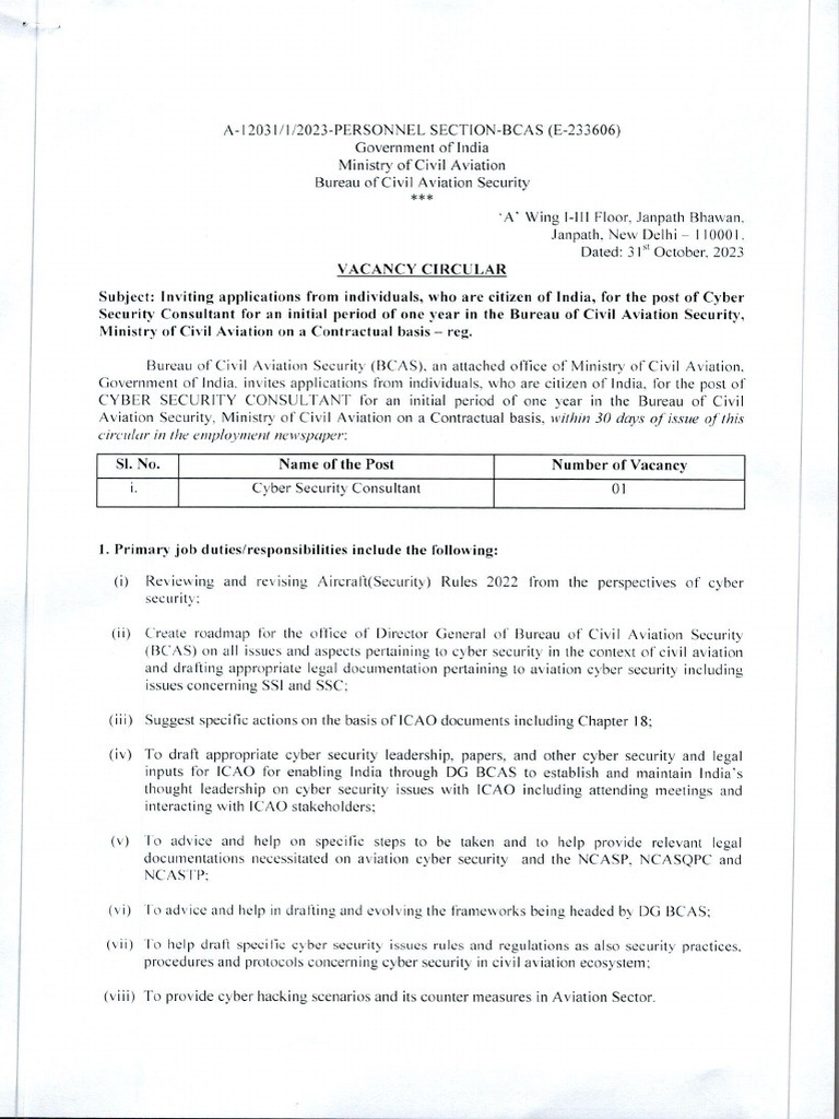 Vacancy Circular For The Post of Cyber Security | PDF