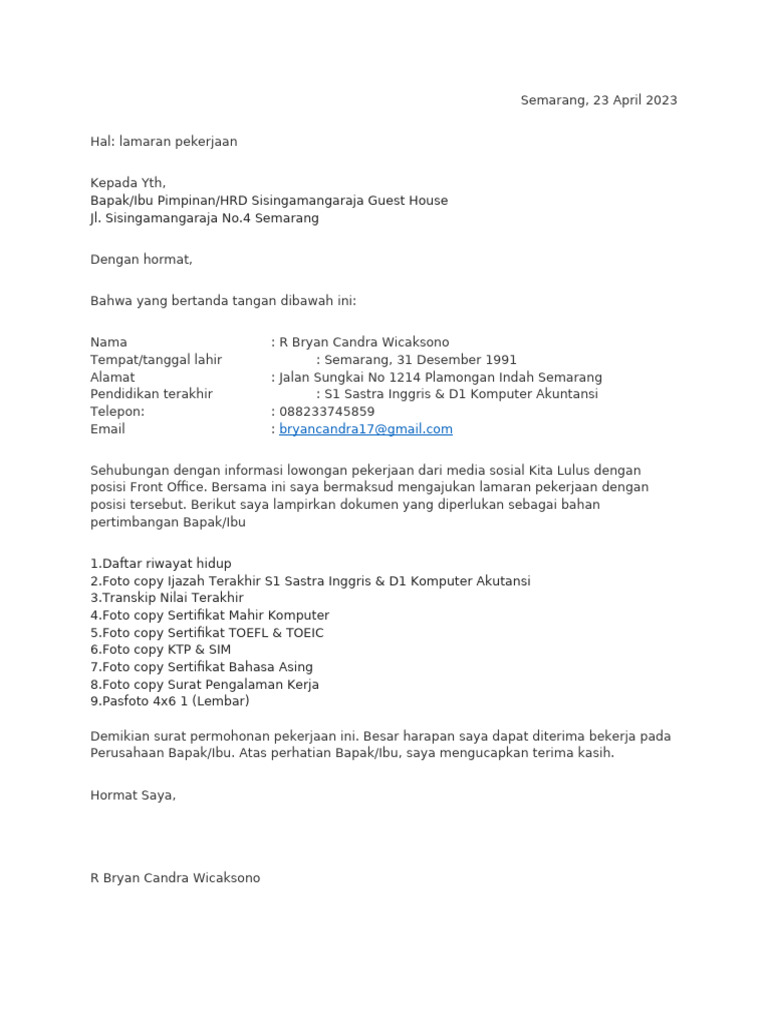 Surat Lamaran Pekerjaan FIX | PDF
