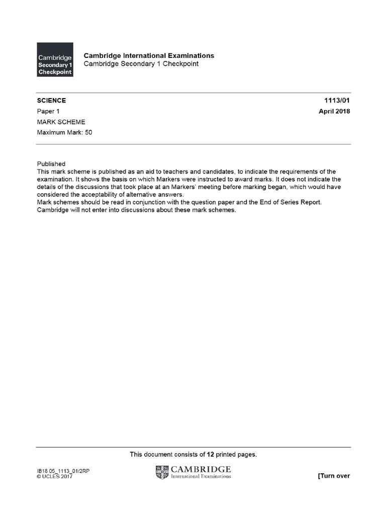 Cambridge Science Checkpoint Mark Scheme | PDF