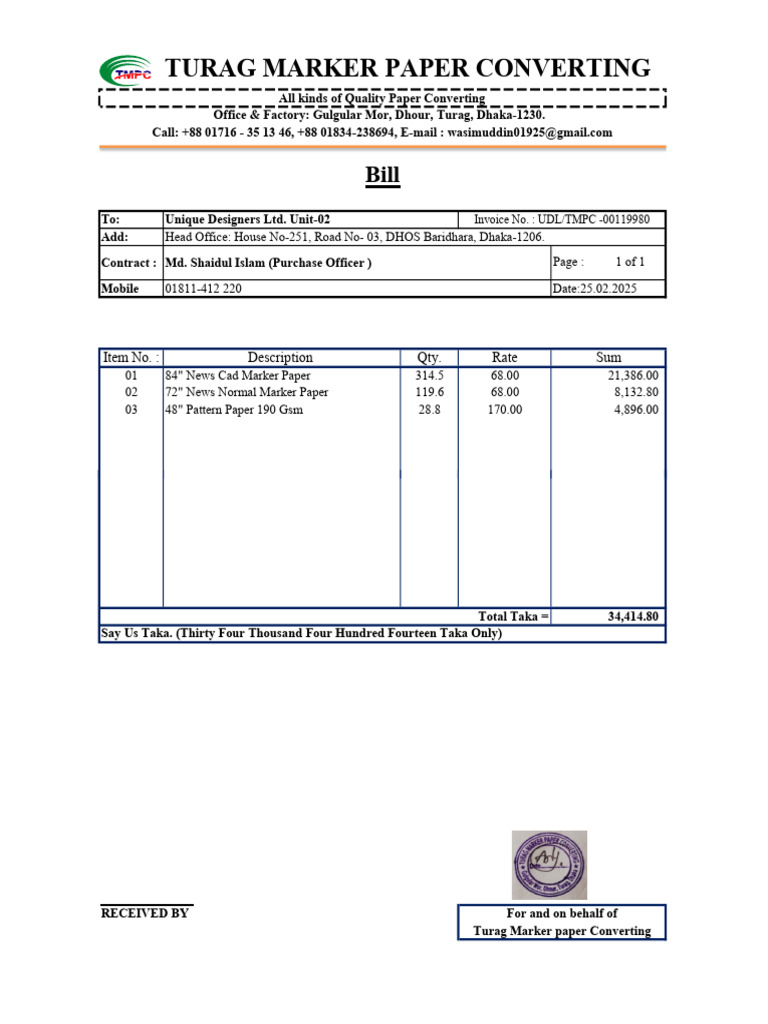 Unique Designers Ltd. Unit-02 Bill | PDF