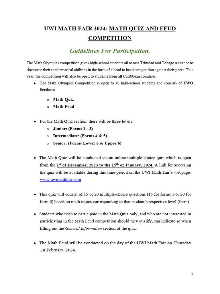 UWI Math Fair 2024 Math Olympics Competition Guidelines | PDF | Mathematics