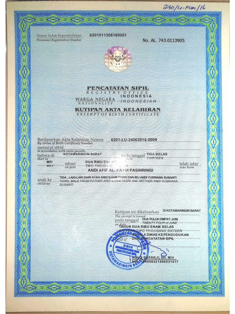 Akte Kelahiran Ananda | PDF