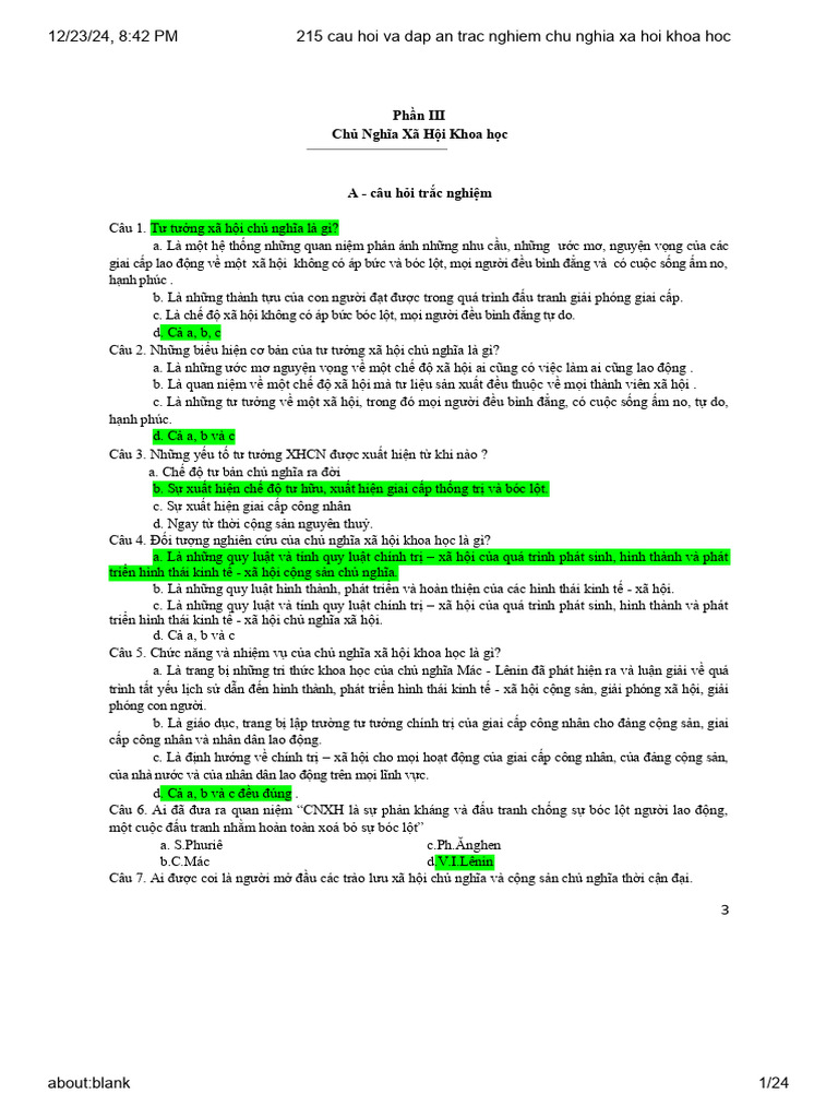 215 Cau Hoi Va Dap An Trac Nghiem Chu Nghia Xa Hoi Khoa Hoc | PDF