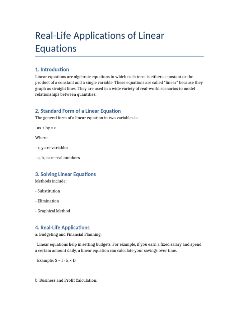 Linear Equations Real Life Applications | PDF