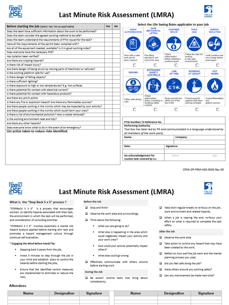 CP04-OP-FRM-HSE-0045 - Rev 00 - Last Minute Risk Assessment | PDF ...