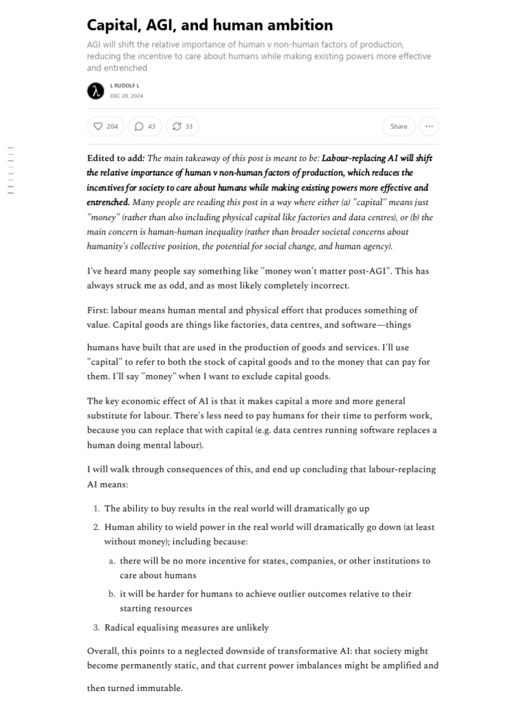 Capital, AGI, and Human Ambition - by L Rudolf L | PDF | Labour ...