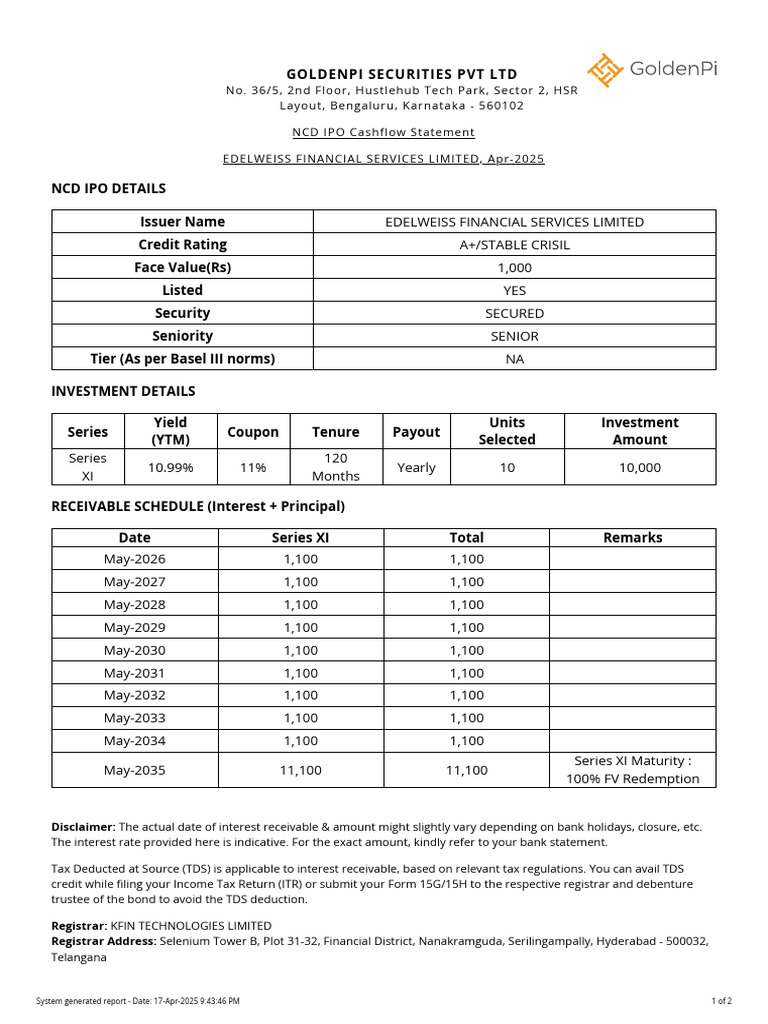 Edelweiss NCD IPO Cashflow Statement | PDF | Investing | Securities ...
