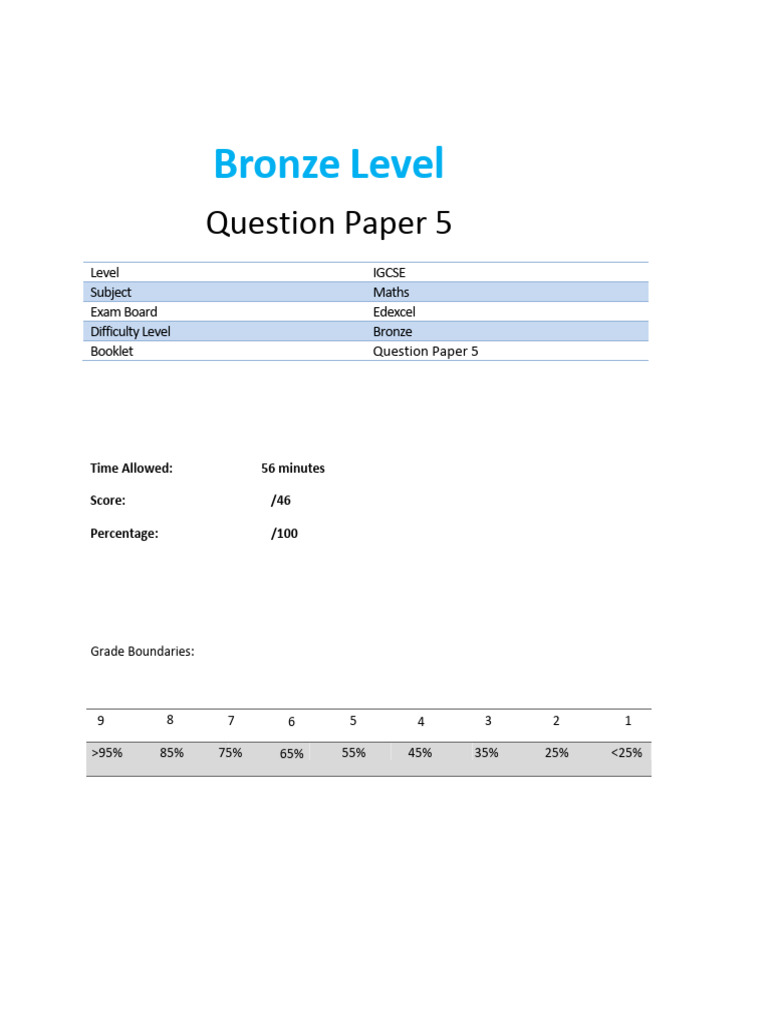 Igcse Edexcel Math - Bronze qp5 - Igcse 9-1 | PDF | Student Assessment And Evaluation ...
