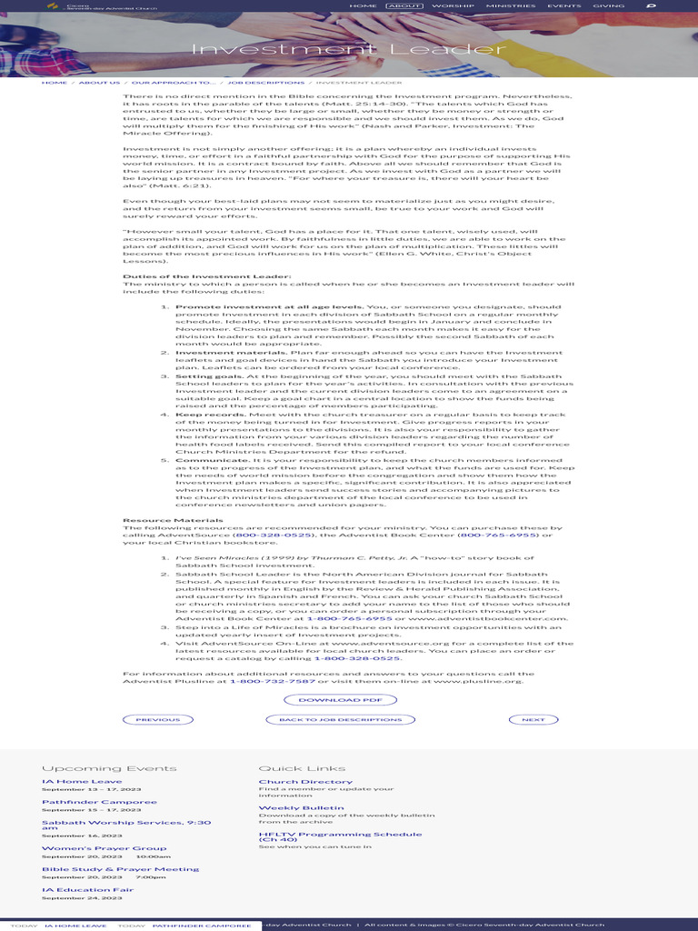 Investment Leader - SDA Church | PDF | Religious Belief And Doctrine