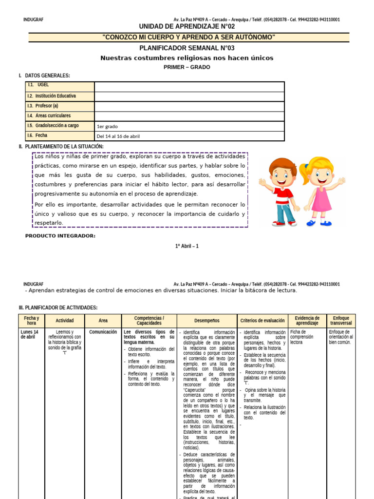 Planificación Semanal Primer Grado | PDF | Aprendizaje | Maestros