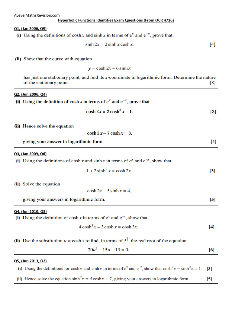 Y2 Pure Hyperbolic Functions Identities and Equations Exam Questions | PDF