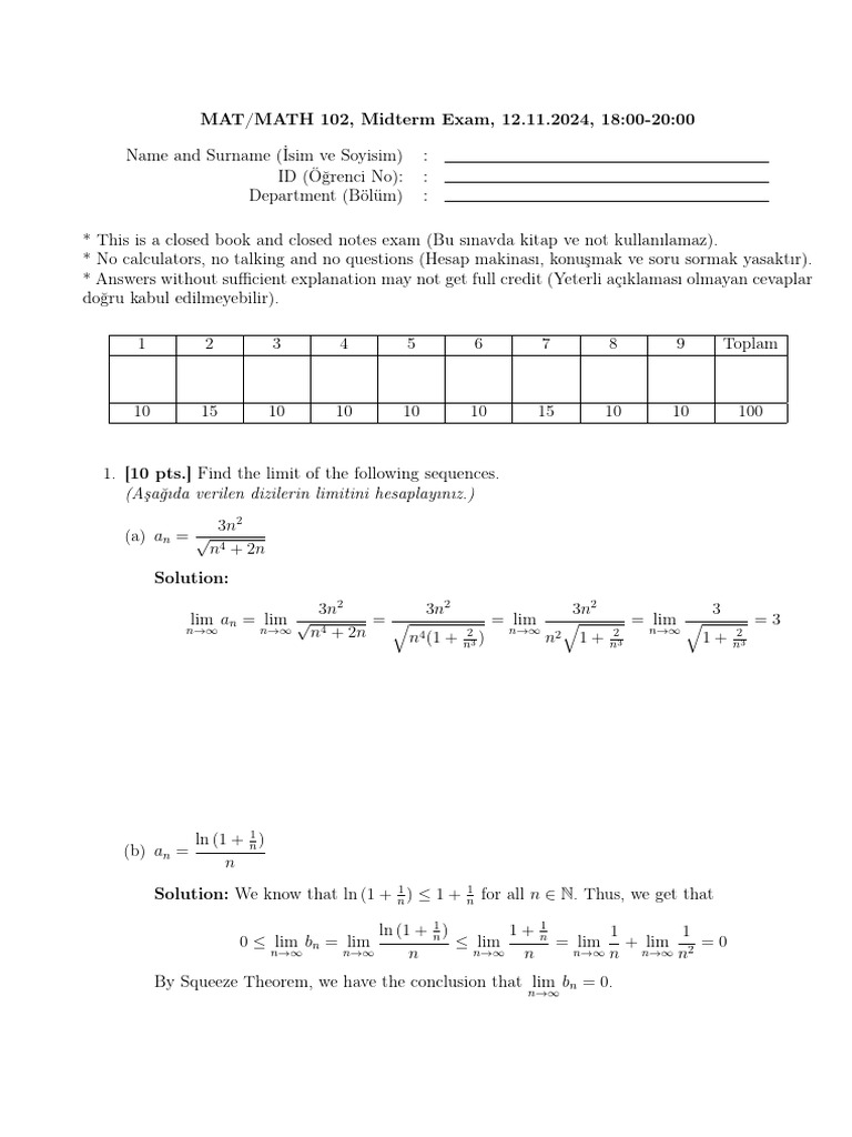 MAT 102 Midterm Exam Questions and Solutions | PDF | Series ...