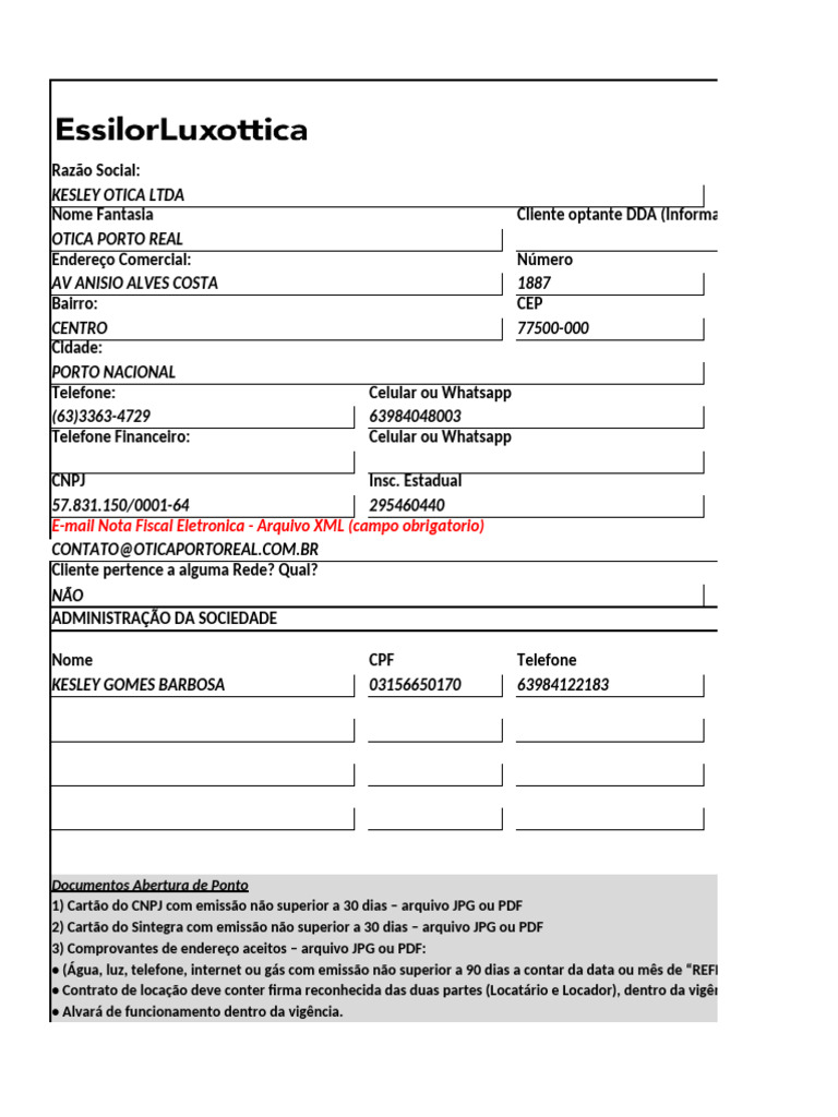 Ficha Cadastral Ótico 2024 KESLEY OTICA | PDF