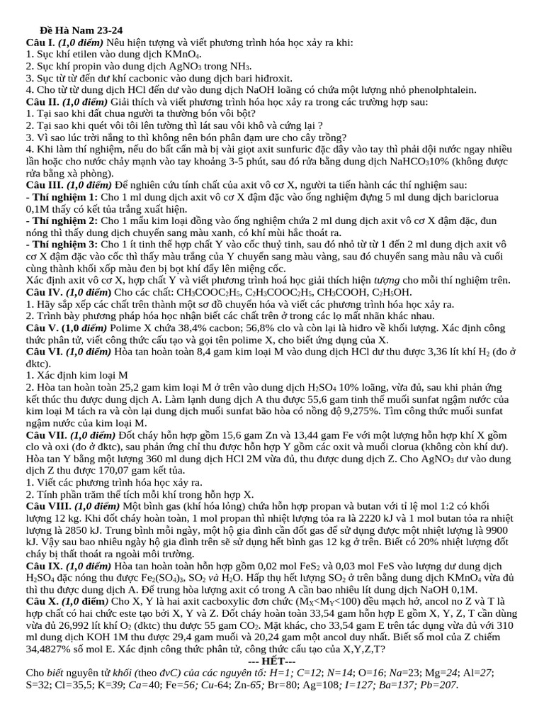 04. Chuyên Hóa 10 Hà Nam Năm 2023-2024 - File Đề + HDC | PDF