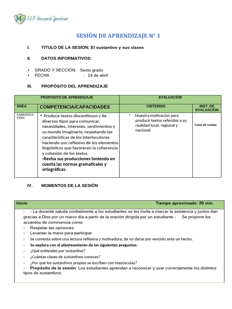 sesion sustantivos | PDF | Sustantivo | Aprendizaje
