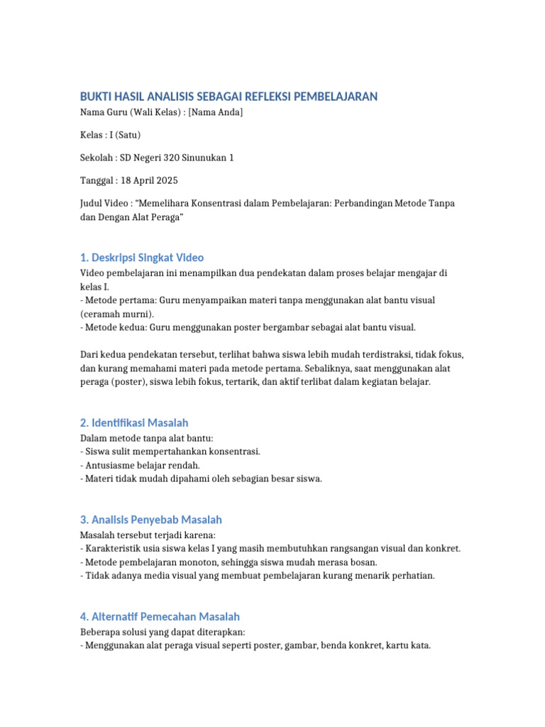 Bukti Hasil Analisis Refleksi Pembelajaran | PDF