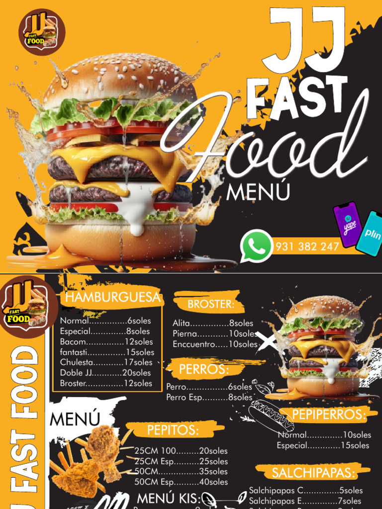 Menú de JJ Fast Food: Precios y Platos | PDF
