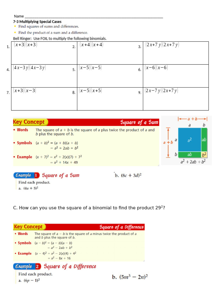 7-3 Multiplying Special Cases | PDF