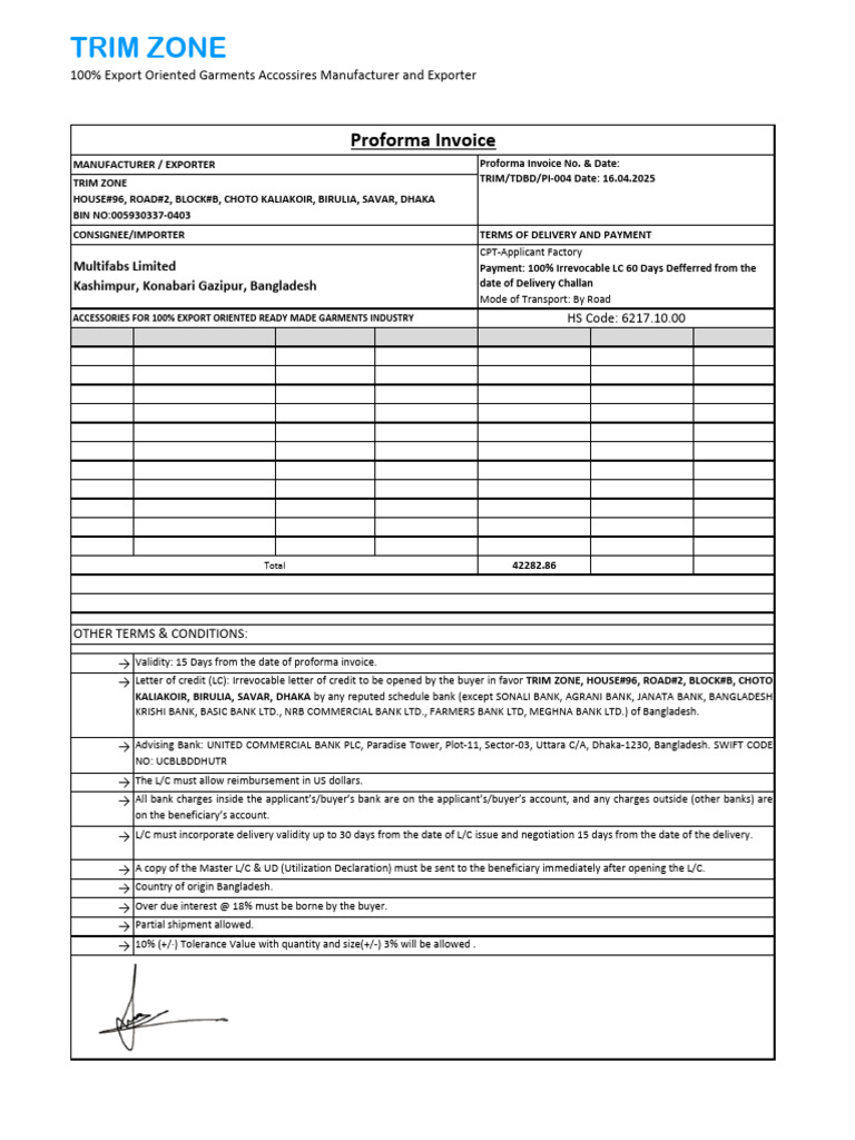 Proforma Invoice for Garment Accessories | PDF | Letter Of Credit | Banking