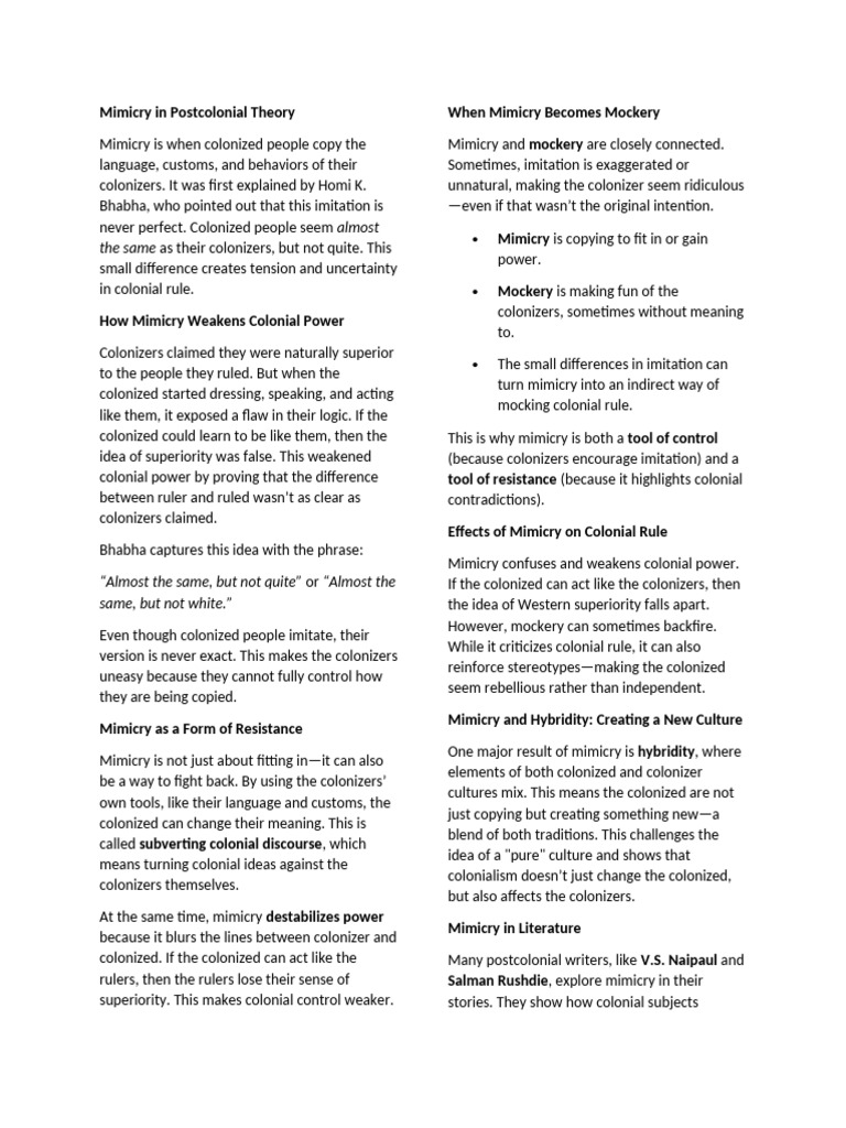 Mimicry in Postcolonial Theory | PDF | Postcolonialism | Colonialism