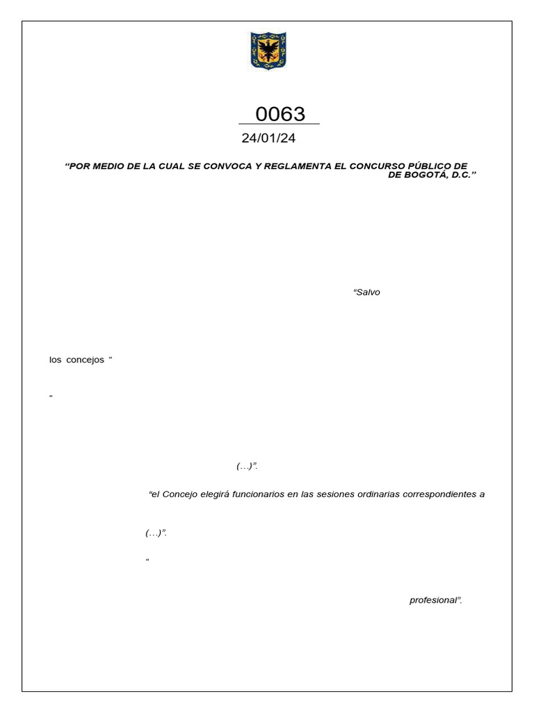 0063 Resoluci N Convocatoria Concurso P Blico Cargo Personero o Personera de Bogot D C | PDF ...