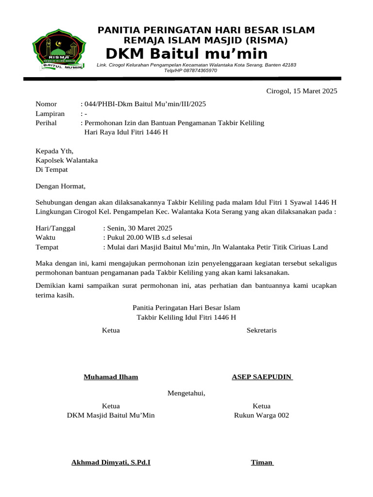 SURAT IZIN TAKBIR KELILING ILHAM | PDF