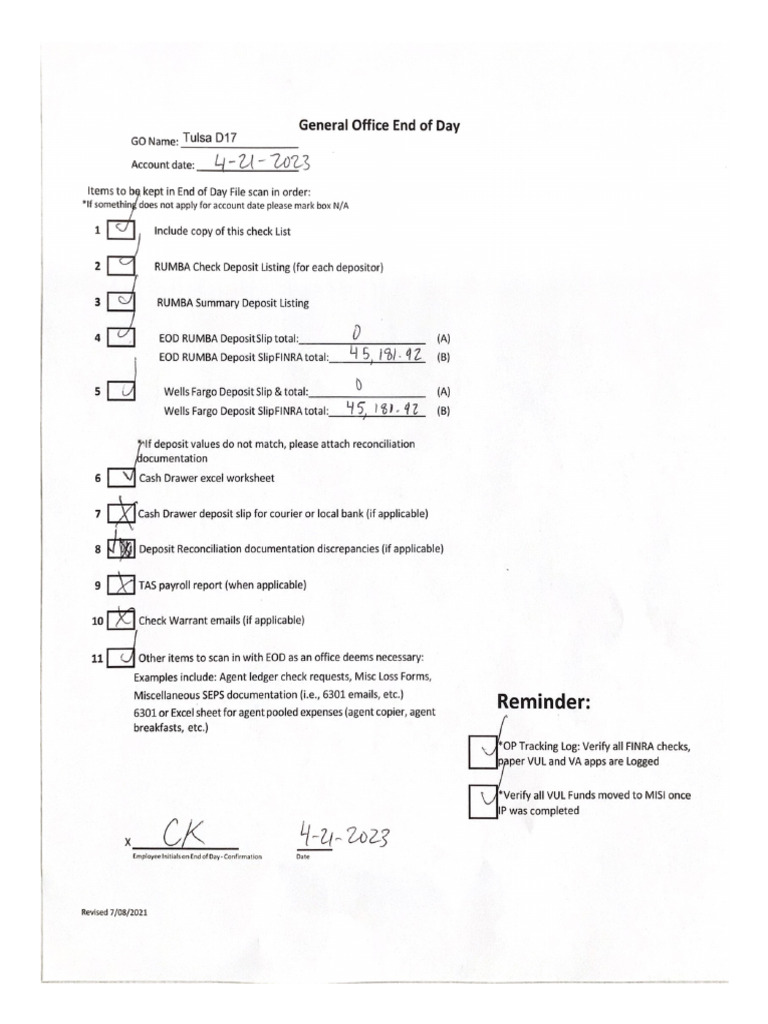 General Office End of Day | PDF