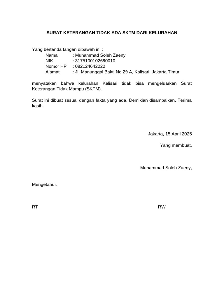 Surat Keterangan Tidak Ada SKTM Dari Kelurahan | PDF