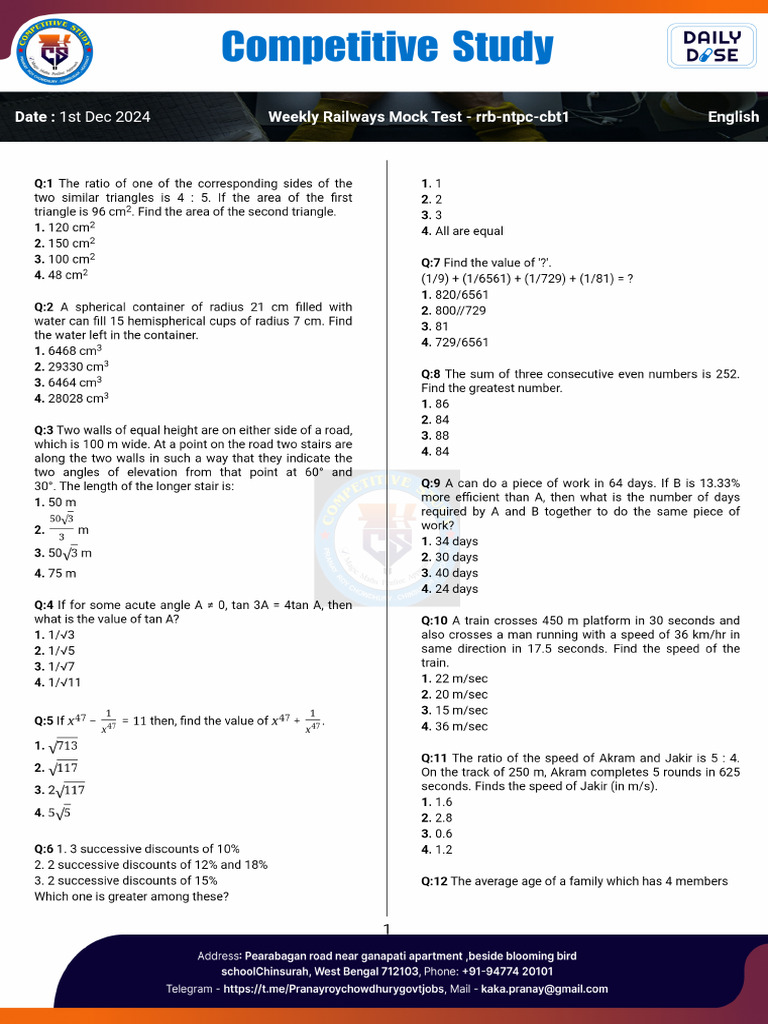 Weekly Railways Mock Test - Rrb-ntpc-cbt1 - English - 1st Dec 2024 | PDF