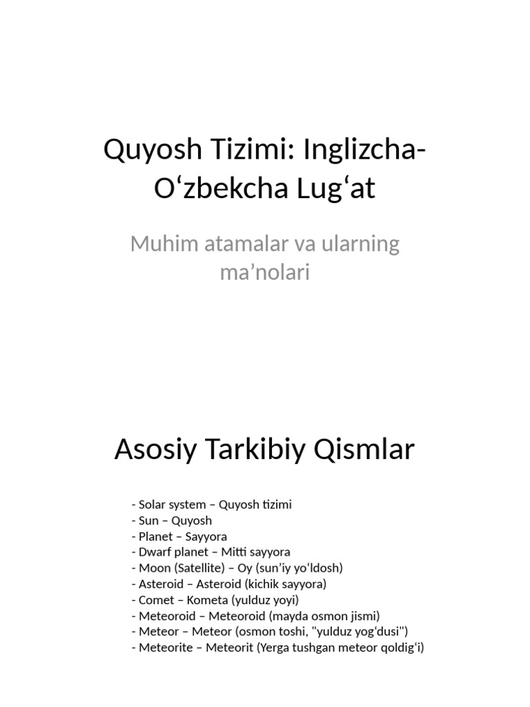 Quyosh Tizimi Inglizcha-Ozbekcha | PDF