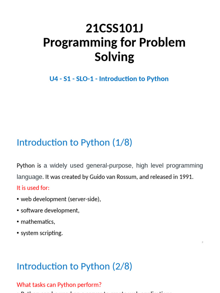 21CSS101J-U4-S1-SLO1-Introduction To Python and Google Colab | PDF | Python (Programming ...