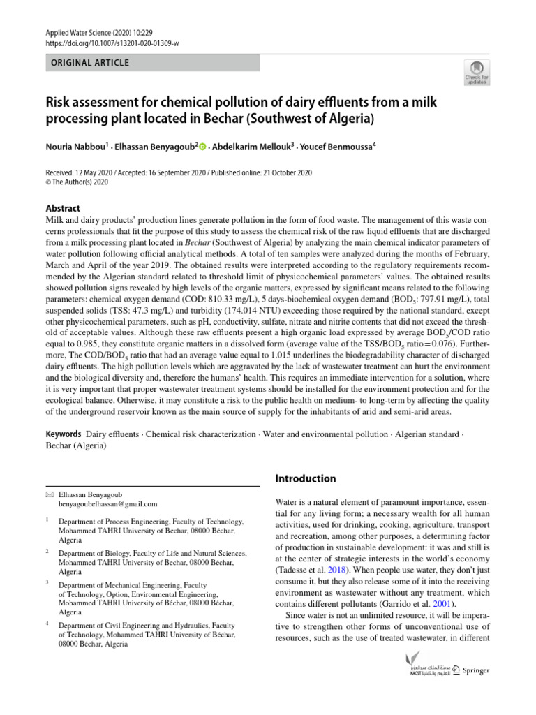 Chemical Risk of Dairy Effluents in Bechar | PDF | Chemistry ...