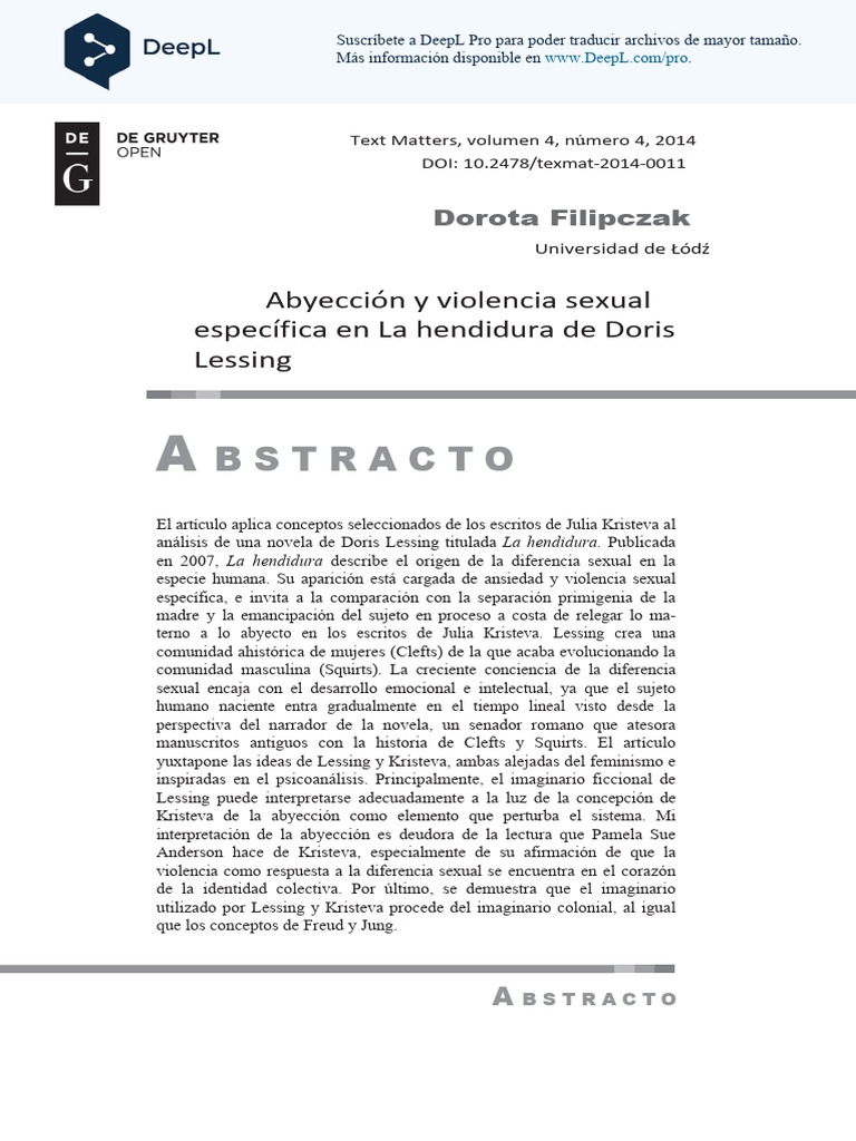 Abjection and Secually Specific Violence in Doris Lessing's The Cleft Es | PDF | Violación | Mujer