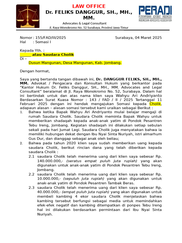 Somasi 01__ Wahyu Ari Andriyanto-1 | PDF