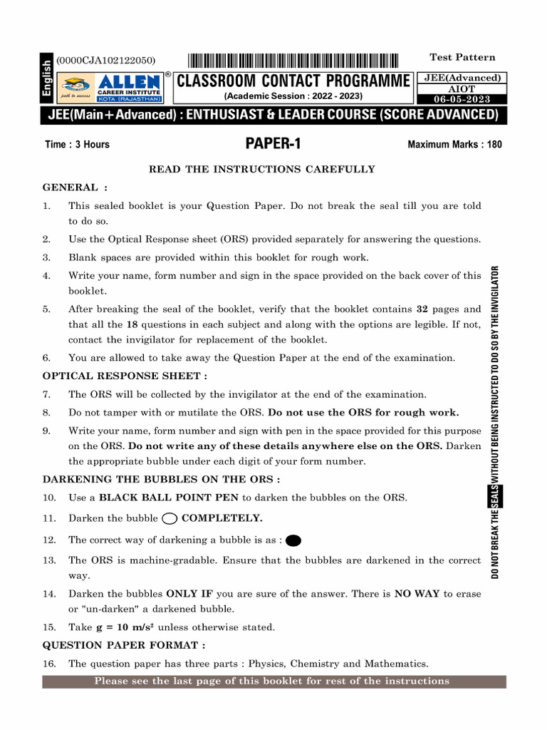 0605 Enthusiast & Leader Course Score (Adv.) (AIOT) Paper-1 (E+H) JA | PDF