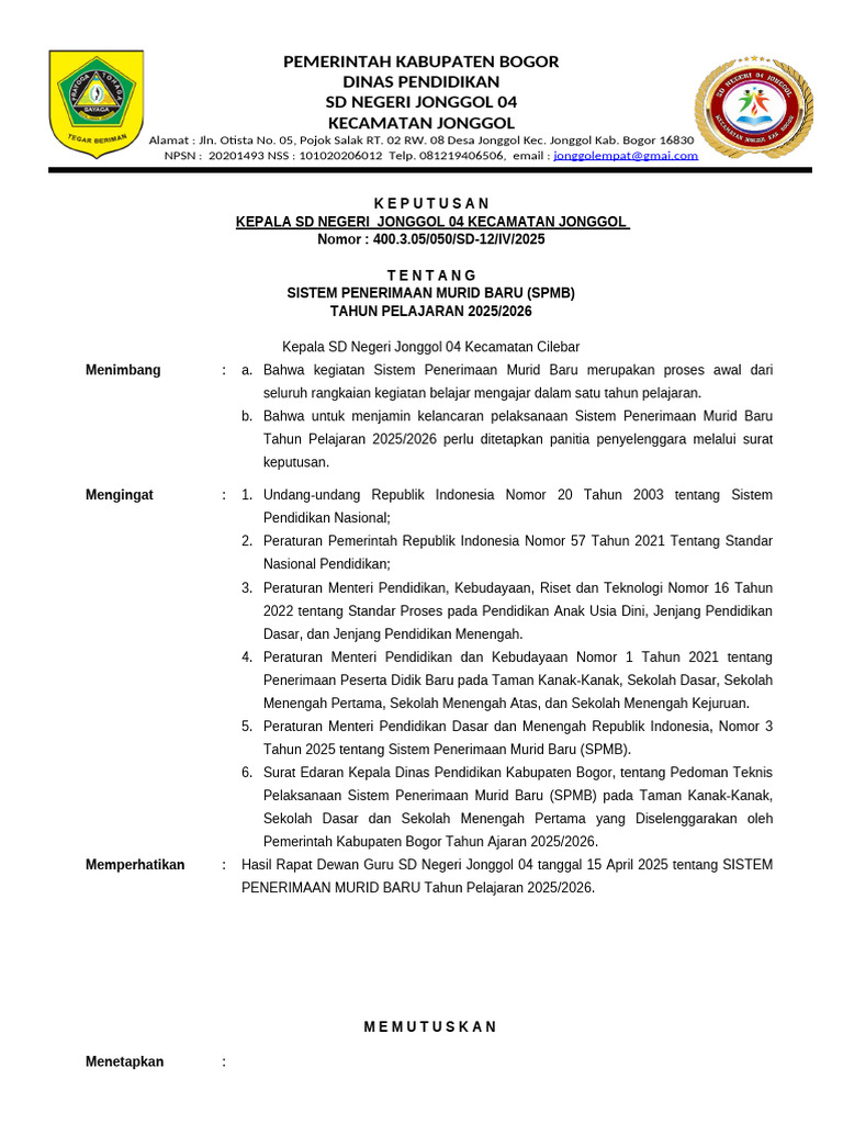 Sk-Panitia-SPMB-Sd-2025-2026 SDN JONGGOL 04 | PDF