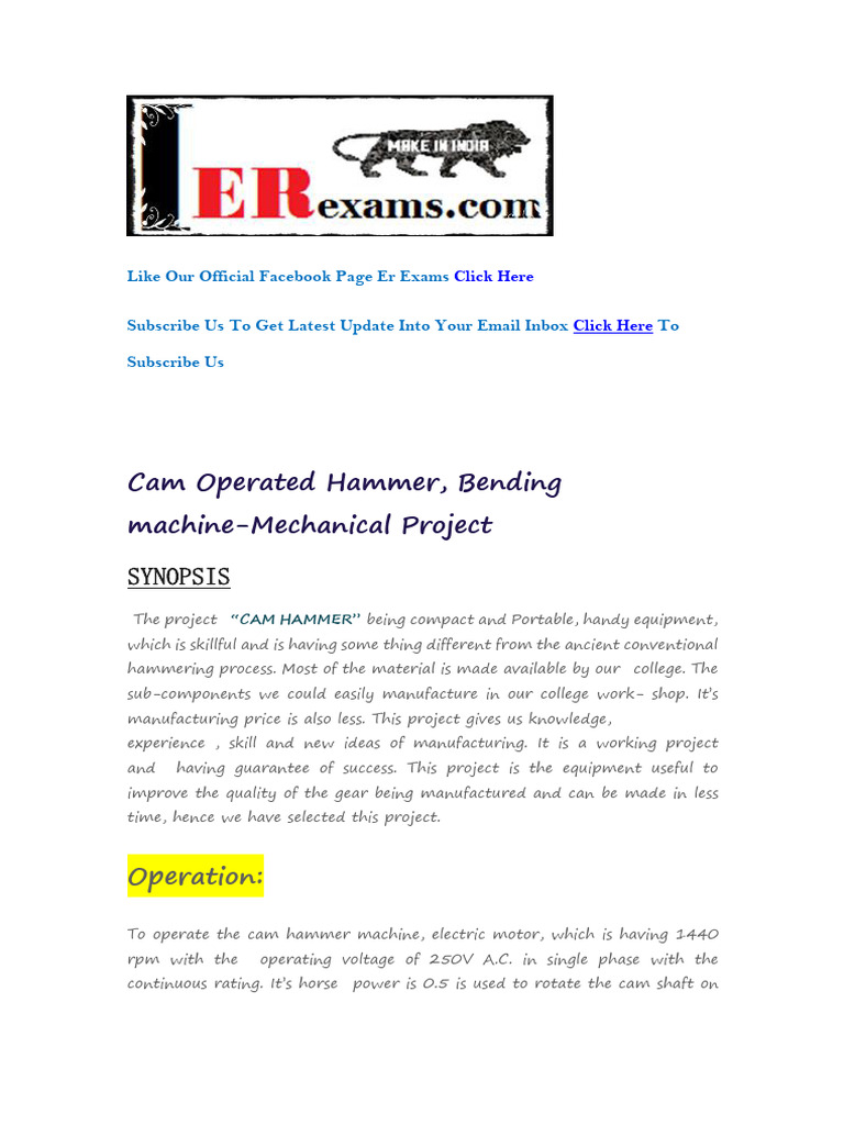 Cam Operated Hammer Project Overview | PDF | Sheet Metal | Metalworking