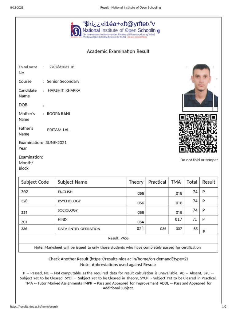 Nios Marksheet | PDF